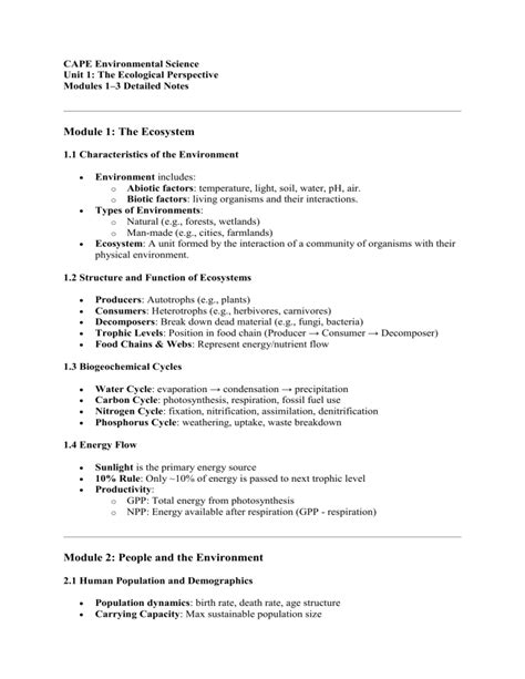 Cape Environmental Science Ecology And Sustainability Notes