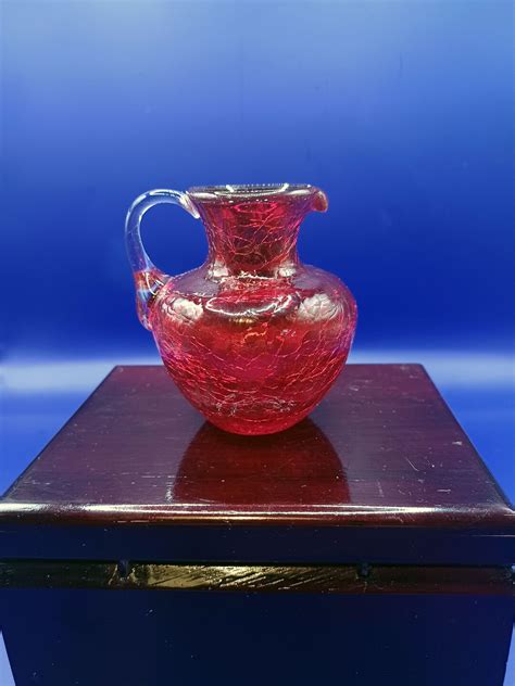 Vintage Red Crackle Glass Pitcher Hand Blown With Applied Etsy
