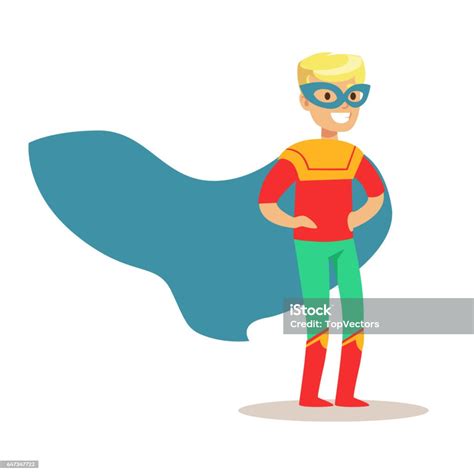 파란 망 토와 마스크 문자를 미소와 함께 슈퍼 히어로 의상을 입은 슈퍼 능력을가지고 하는 척 하는 금발 소년 귀여운에 대한 스톡 벡터 아트 및 기타 이미지 Istock