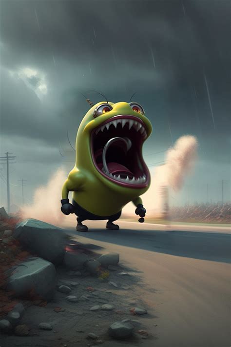 一个怪诞的小黄人尖叫着咬牙切齿，格雷格·鲁特科夫斯基的数字艺术