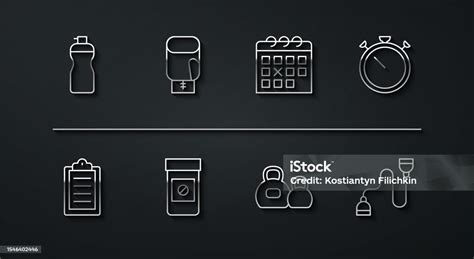 세트 라인 피트니스 셰이커 스포츠 훈련 프로그램 스톱워치 케틀벨 단백 동화 약물 권투 장갑 가슴 확장기 및 캘린더 피트니스 아이콘 벡터 건강관리와 의술에 대한 스톡 벡터