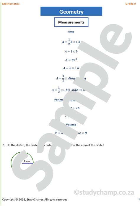 Grade 9 Mathematics Workbook Measurement