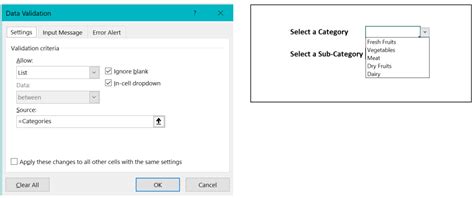 cascading or dependent drop down lists using data validation tool in