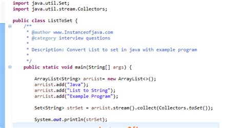 how to convert list to set in java with example program instanceofjava