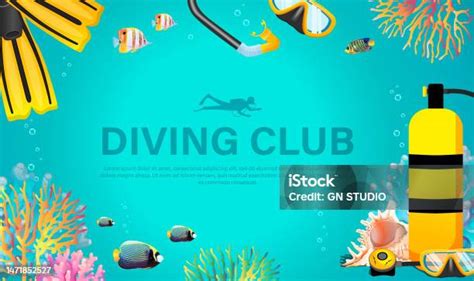 노란색 오리발 지느러미 산소 탱크 수중 마스크 스노클링 산호 물고기 조개 파란색 배경 로고 위에 수영 다이버 그림자 스쿠버 다이빙 클럽 배너 포스터 광고판 벡터 그림 관광에