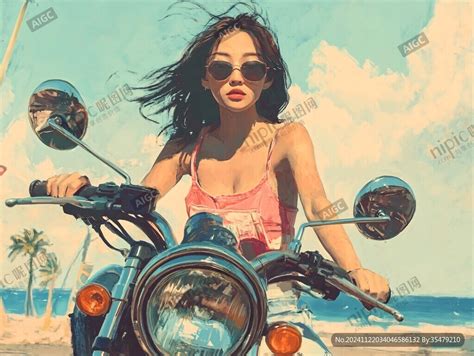Ai创作图骑摩托女孩 骑小电驴的女孩 网红潮流插画 Ins风人物 摩托车油画 港风插画 骑单车美女 夏日少女插画 板绘人像 原创厚涂 写实人物插画 骑车的女孩插画 港风手绘 海边的摩托车 高清