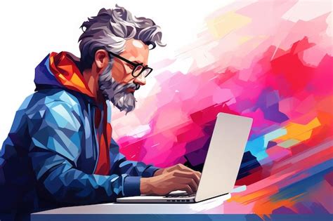 Premium Ai Image Man Working On Laptop In The Cafe With Stylish Interior With Plants Ai Generated