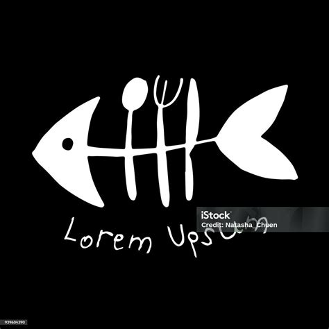 물고기 뼈 숟가락 포크 나이프와 만화 형식입니다 텍스트에 대 한 장소입니다 0명에 대한 스톡 벡터 아트 및 기타 이미지 0명 검은색 꼬리 Istock
