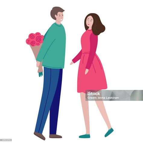 남자는 여성에게 꽃을 준다 발렌타인 데이에 꽃의 여자 꽃다발을 주는 젊은 남자 사랑에 행복한 로맨틱 한 커플 흰색 배경에 격리