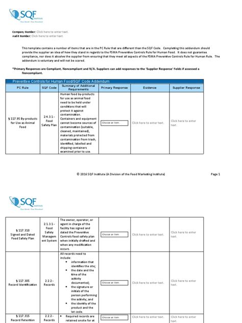 Sqf Preventive Control Audit Checklist Pdf Supply Chain Foods