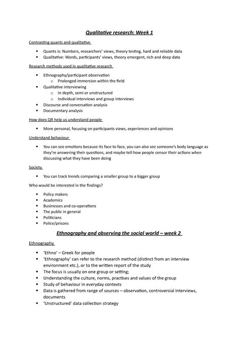 Qualitative Research Lecture Notes 1 10 Qualitative Research Week 1 Contrasting Quants And