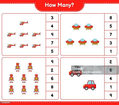 카운팅 게임 얼마나 많은 헬리콥터 Ufo 로봇 및 자동차 교육 어린이 게임 인쇄 가능한 워크 시트 벡터 일러스트 레이 션 0명에
