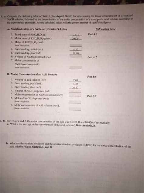 Solved Complete The Following Table Of Trial 1 See Report