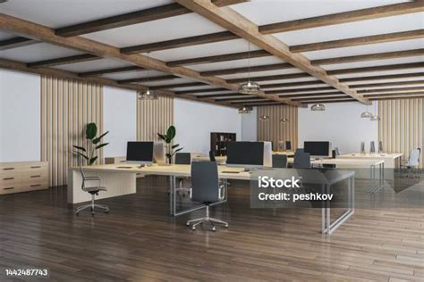 현대적인 로프트 콘크리트와 다양한 가구 장비 및 품목이 있는 목재 공동 작업 인테리어 상업 작업 공간 개념입니다 3d 렌더링 사무실에 대한 스톡 사진 및 기타 이미지