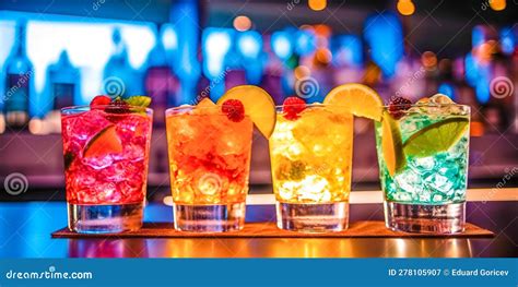 Mixed Drinks Decorated With Fruit On The Bar Counter Glasses Full Of