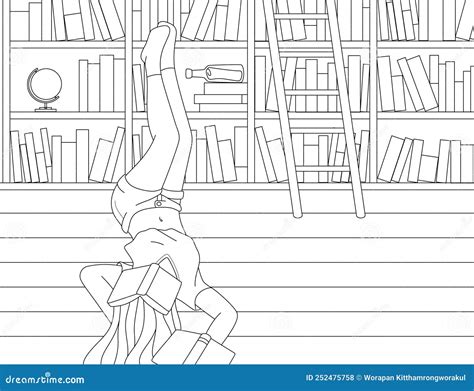 女性睡在图书馆黑白色素书轮廓矢量图 向量例证 插画 包括有 台阶 向量 设计 逗人喜爱 钉书匠 252475758