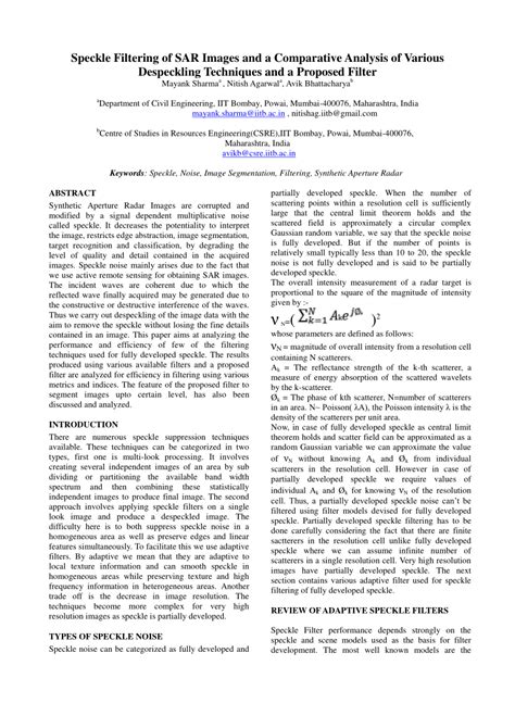 PDF Speckle Filtering Of SAR Images And A Comparative Analysis Of Various Despeckling