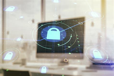 현대 노트북 배경에 칩 홀로그램과 창조적 인 잠금 스케치 개인 데이터 개념의 보호 다중 노출 위협에 대한 스톡 사진 및 기타 이미지 Istock