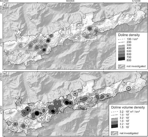 A Isolines Of Doline Density Dolines Per Km 2 B Isolines Of