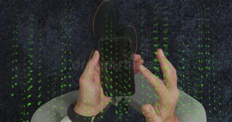 Holding Smartphone With Green Binary Code Animation Overlay In School