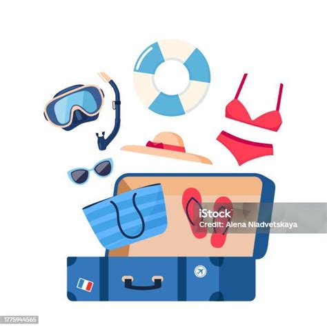 여름 해변 요소가 있는 오픈 여행 가방 야외 여행 휴가를 위한 여름 다채로운 물건 모음 벡터 일러스트 레이 션입니다 여행 가방에 대한 스톡 벡터 아트 및 기타 이미지