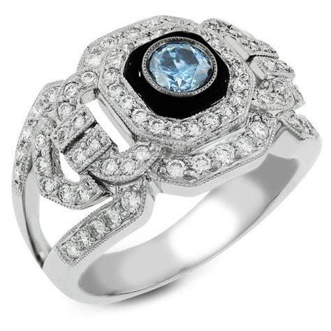 Vintage Deco Design Created Diamond Vivid Blue Ring With Onyx And Vivid