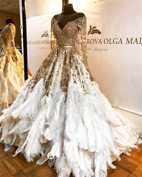 Luxury Gold Sequin And White Feather Prom Ball Gown Xdressy