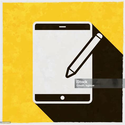 펜이있는 태블릿 Pc 질감이 있는 노란색 배경에 긴 그림자가 있는 아이콘 개념에 대한 스톡 벡터 아트 및 기타 이미지 개념 검은색 고풍스런 Istock