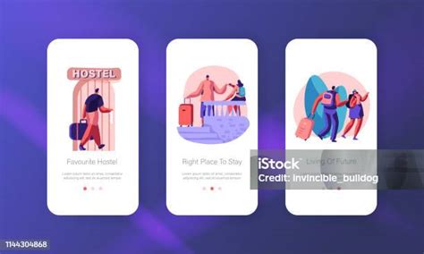 관광 캐릭터는 밤에 머물 호스텔로 이동 학생 또는 여행자를 위한 저렴 한 숙박 시설 모바일 앱 페이지 온보드 화면 설정 개념 웹 사이트 또는 웹 페이지에 대 한 만화 평면