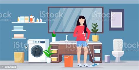 주부 몰 지 바닥 웃는 여자 청소기 지주 걸 레 가사 청소 서비스 하우스키핑 개념 현대 욕실 인테리어 전체 길이 평면 수평 가구에 대한 스톡 벡터 아트 및 기타 이미지