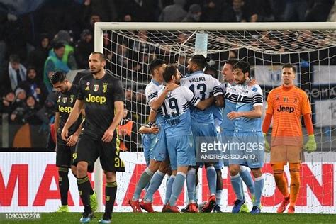 Lazios Italian Midfielder Marco Parolo Celebrates With His Teammates