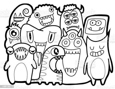 손으로 그린 삽화 괴물 낙서 손으로 그린 만화 괴물 그림 만화 군중 낙서 손으로 그린 낙서 스타일흑백 줄무늬 색칠하기 책 경기