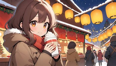 Cute Anime Girl Enjoying A Warm Drink At Snowy Japanese Market At Night