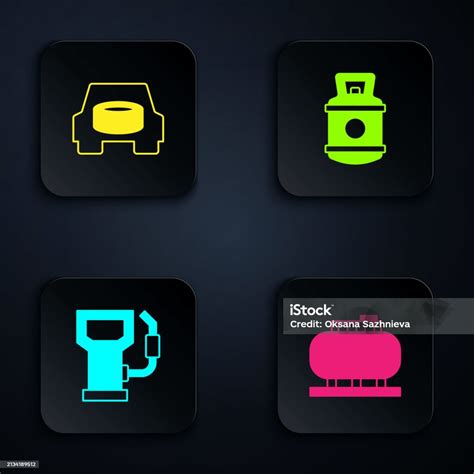 오일 탱크 저장고 자동차의 스페어 휠 휘발유 주유소 및 프로판을 설정합니다 검은색 사각형 버튼입니다 벡터 가솔린에 대한 스톡 벡터 아트 및 기타 이미지 Istock