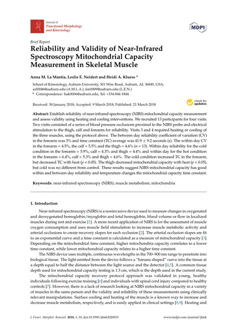 Pdf Reliability And Validity Of Near Infrared Spectroscopy Mitochondrial Capacity Measurement