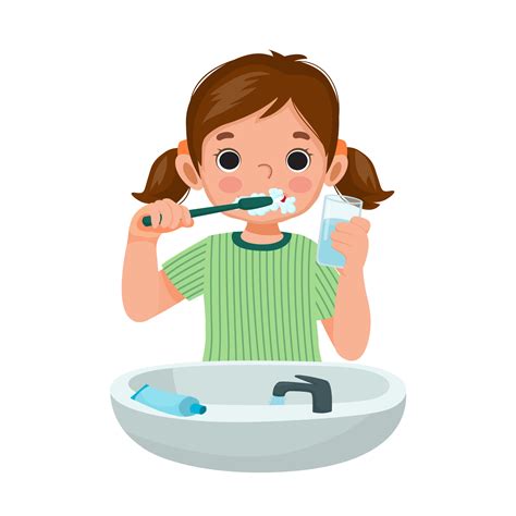 Linda Niñita Cepillando Los Dientes Con Pasta Dental Sosteniendo Un Vaso De Agua Para Limpiar La