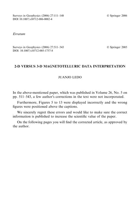 Pdf 2 D Versus 3 D Magnetotelluric Data Interpretation