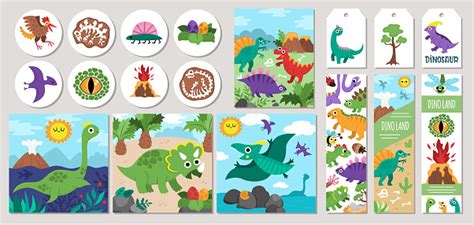 익룡 스테고사우루스 티라노사우루스 트리케라톱스 티라노사우루스가 세트된 귀여운 공룡 카드 벡터 만화 선사 시대 광장 라운드 수직 인쇄 템플릿 태그 엽서 광고 가격에 대한 스톡