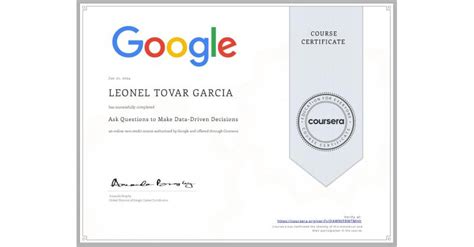 Completion Certificate For Ask Questions To Make Data Driven Decisions