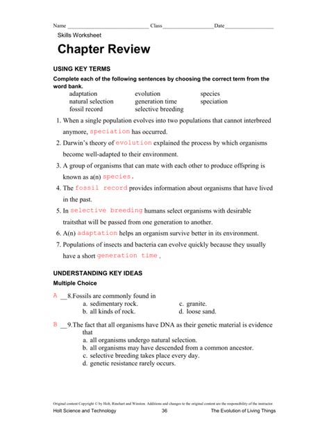 Evolution Natural Selection And Speciation Worksheet Answers Printable Pdf Template