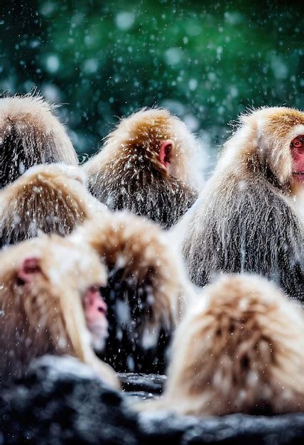 Premium Photo Wild Snow Monkeys In Winter Against A Background Of