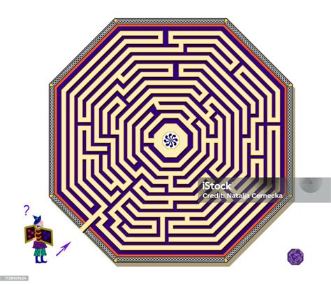 어린이와 성인을 위한 팔각형 미로가 있는 논리 퍼즐 게임 마법사가 미로의 중심으로가는 길을 찾도록 도와주세요 아이들 수수께끼 책을 위한 워크시트 Iq 테스트 온라인 플레이