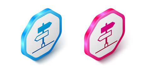 등각 도로 교통 표지판 흰색 배경에 격리된 표지판 아이콘입니다 포인터 기호입니다 격리 된 거리 정보 표지판 방향 기호입니다 육각