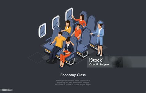 벡터 컴포지션 등등 측정 디자인 만화 3d 스타일 이코노미 클래스 항공기 비행 비행기 내부 승무원과 승객의 그룹 앉아 쓰기와 어두운 배경 인포그래픽 개체 비행기에 대한 스톡