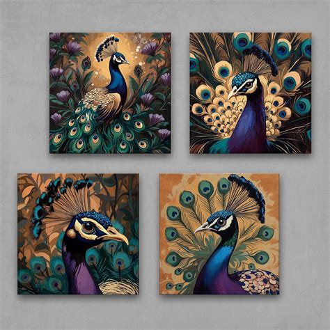 Boho Peacock Canvas Print Set Elegant Bird Wall Art 4xb340 Etsy
