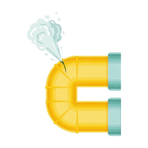 파이프라인의 증기 누출 또는 납 가스 파열로 파손된 파이프 물 공급이 끊어진 파이프에 떨어지는 수도꼭지 문제 흰색 배경에 격리된 바람 그림 프리미엄 벡터