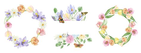 튤립과 크로커스 야생화 녹색 잎 웨딩 문구류 인사말 카드 베이비 샤워 배너 로고 디자인으로 설정된 수채화 꽃 화환 N Bridal Show에 대한 스톡 벡터 아트 및 기타