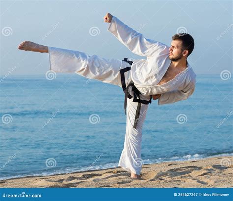 Young Man Practicing Karate Positions Stock Image Image Of Nature