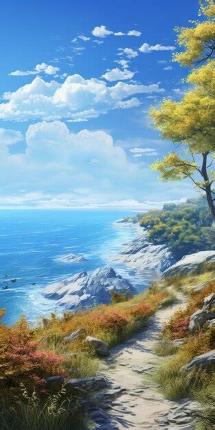 Premium Photo Azure And Amber A Hyperdetailed Path Along The Water