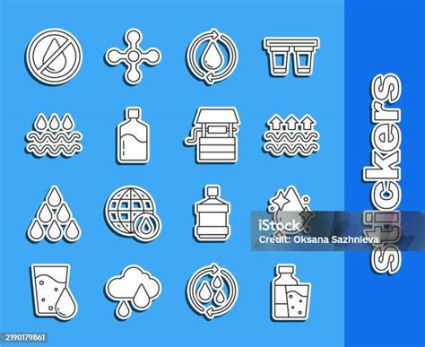 세트 라인 유리와 물 병 물방울 파도 및 증발 재활용 깨끗한 아쿠아 큰 병 금지 및 우물 양동이 아이콘 벡터 0명에 대한 스톡 벡터 아트 및 기타 이미지 Istock